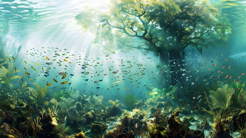 Underwater Forest Illustration with Fish and Green Trees Stock ...