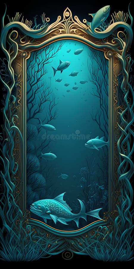 Underwater Frame with Fish and Algae. Underwater Background. Vector ...