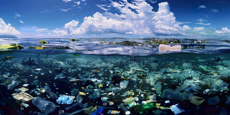 Underwater Front View on Polluted Plastic Water Ocean or Sea Wave ...