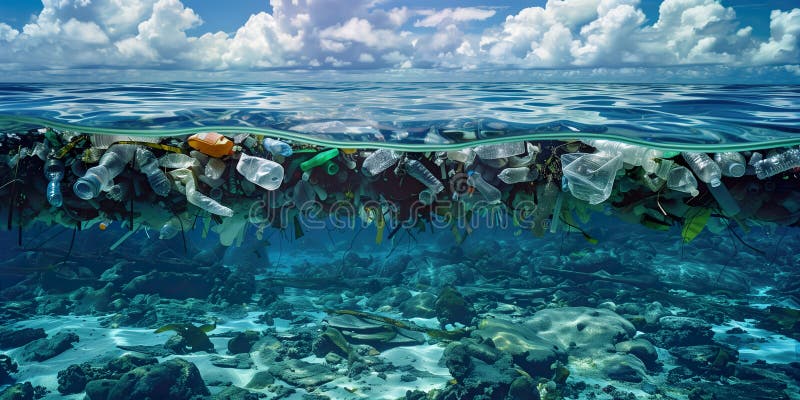 Underwater Front View on Polluted Plastic Water Ocean or Sea Wave ...
