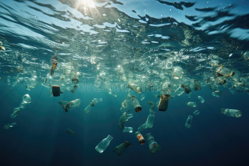 Plastic Pollution in Ocean. Underwater with Garbage Floating on Sea ...