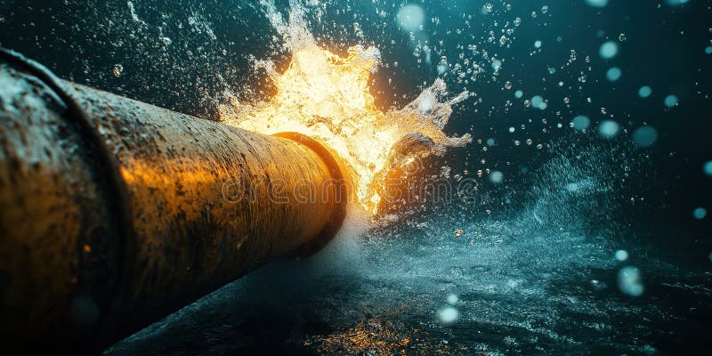 Underwater Gas Pipe Exploding and Releasing Fire and Bubbles Stock ...