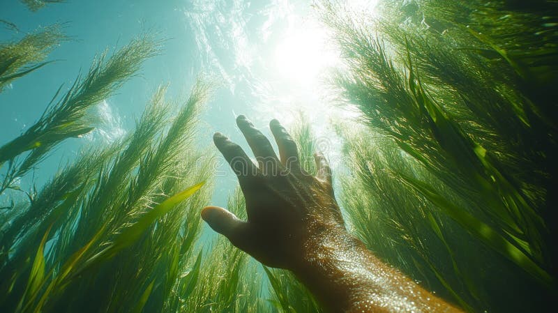 Underwater Hand Reaching for Sunlight through Aquatic Plants Stock ...