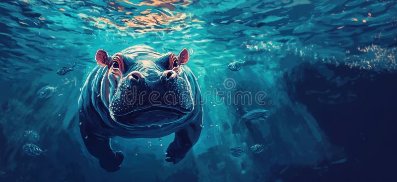 Underwater Hippo Swimming Surrounded by Fish in Vibrant Blue Water ...