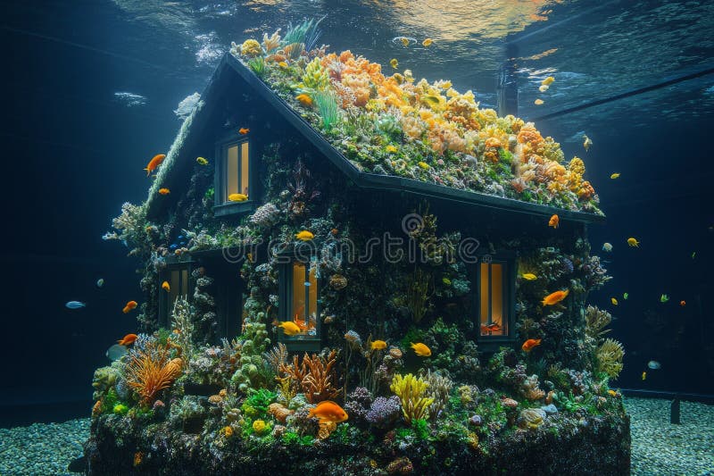 Underwater House Covered with Coral and Fish Swimming Around Stock ...