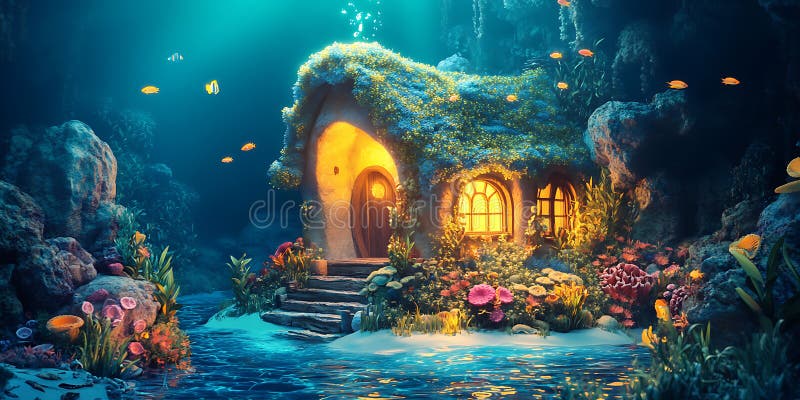 Underwater House Magical Ocean Scene Stock Illustration - Illustration ...