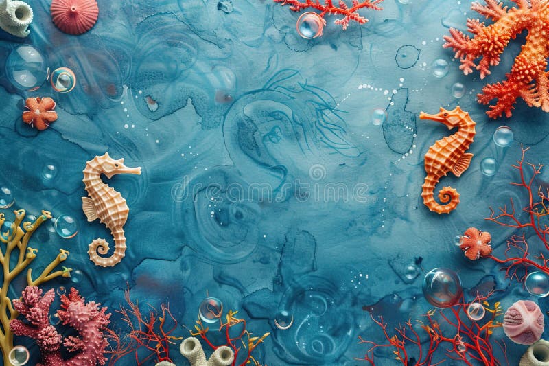 Underwater Illustration Border Frame Two Seahorses with Algae and ...
