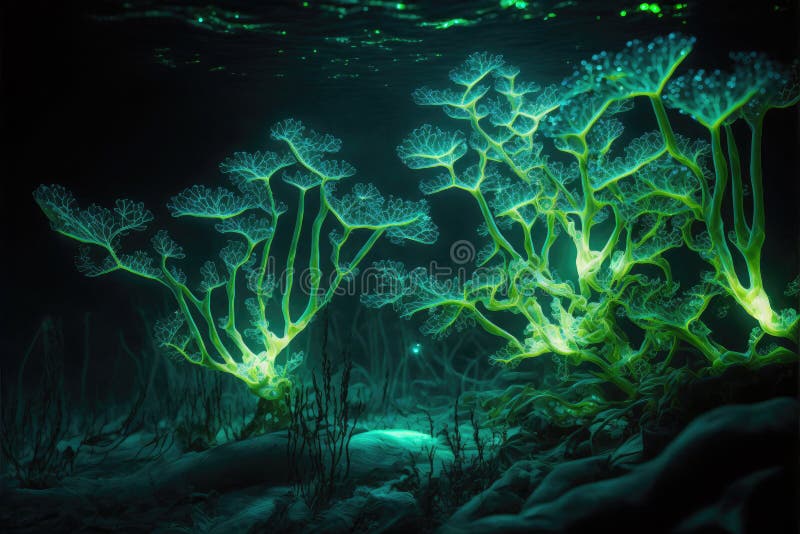 Underwater Illustration of Coral Reef Bioluminescent Glowing Algae ...