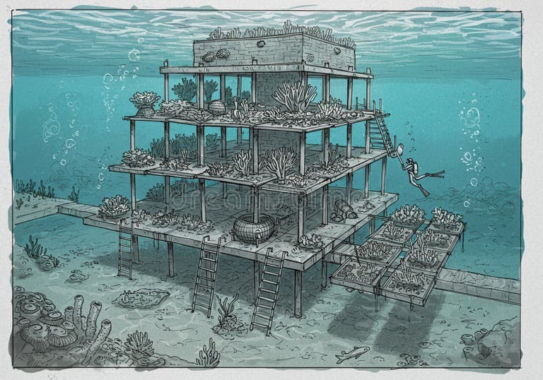 Underwater Illustration Depicting a Multi-level Coral Nursery Structure ...