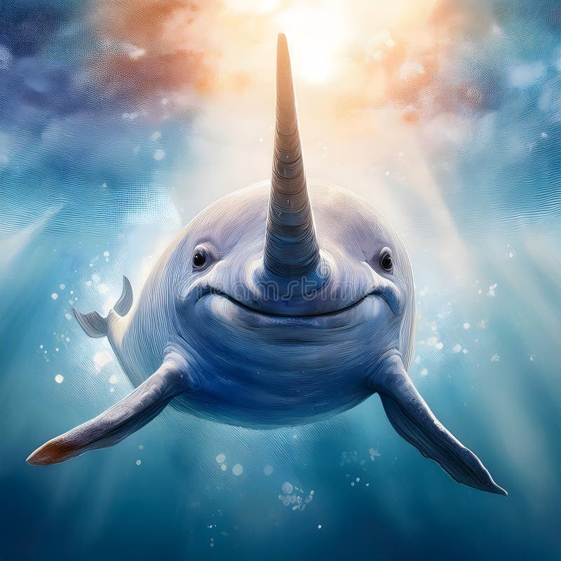 An Underwater Illustration of a Smiling Narwhal with Its Tusk Extended ...