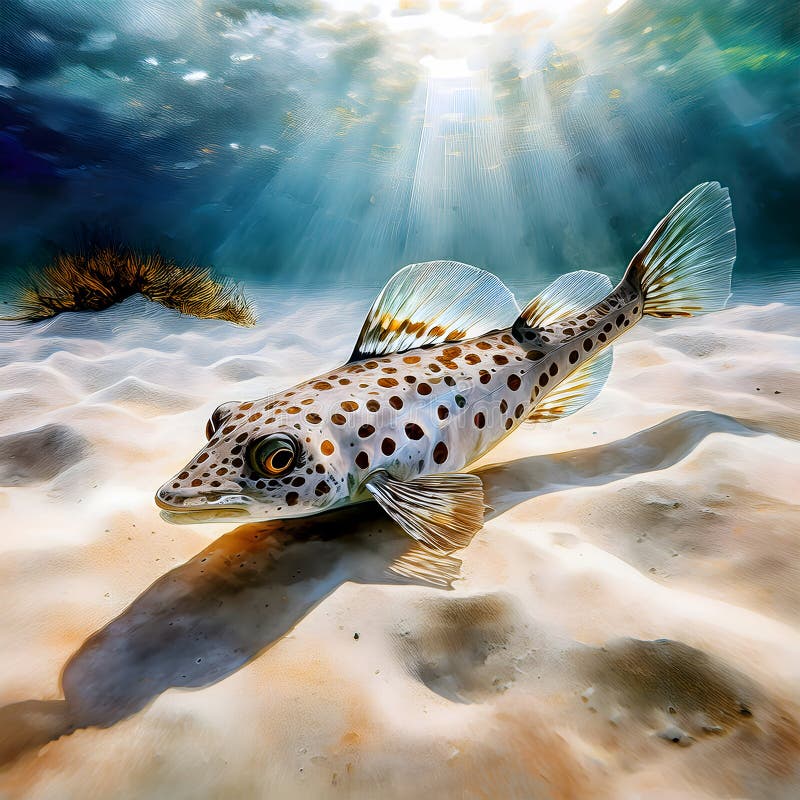 Underwater Illustration of a Spotted Fish Resting on the Sandy Seabed ...