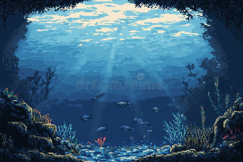 An Underwater Image with an 8bit Pixel Art Background, a Gradient Blue ...