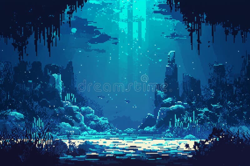 An Underwater Image with an 8bit Pixel Art Background, a Gradient Blue ...