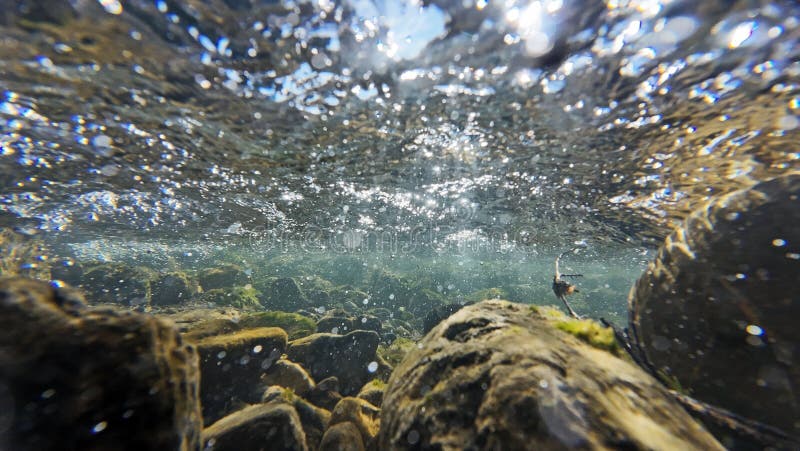 Underwater Image of the Bottom of a River with Air Bubbles in the ...