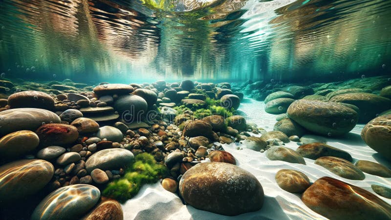 Clear Stream Winds through Rocky Canyon, Sunlight Illuminating Water ...