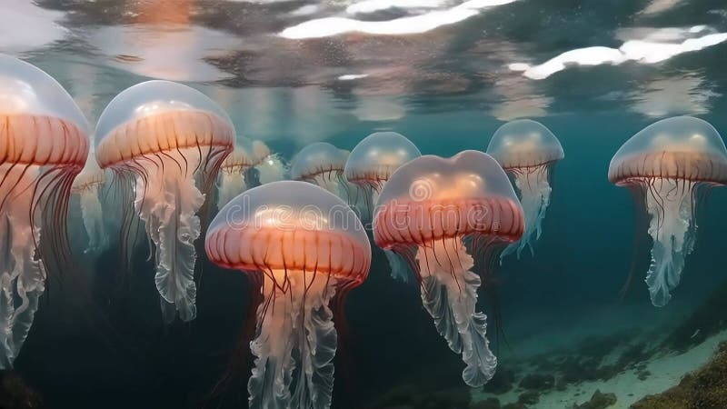 Underwater Jellyfish Group, Ocean, Sunset Reflection, Marine Life ...