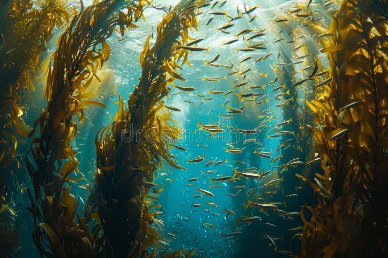 Underwater Kelp Forest Teeming with Schooling Fish in Sunlit Ocean ...
