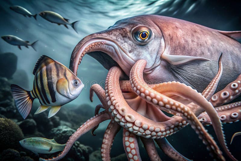 Underwater Kraken Attacks Fish, Coral Reef Background Stock ...