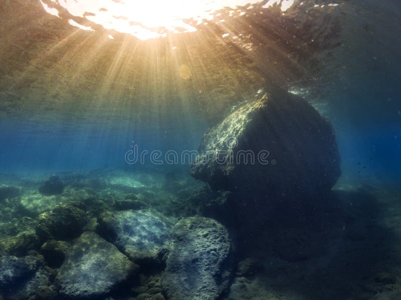 Underwater Landscape and a Big Rock Stock Image - Image of blue, ocean ...