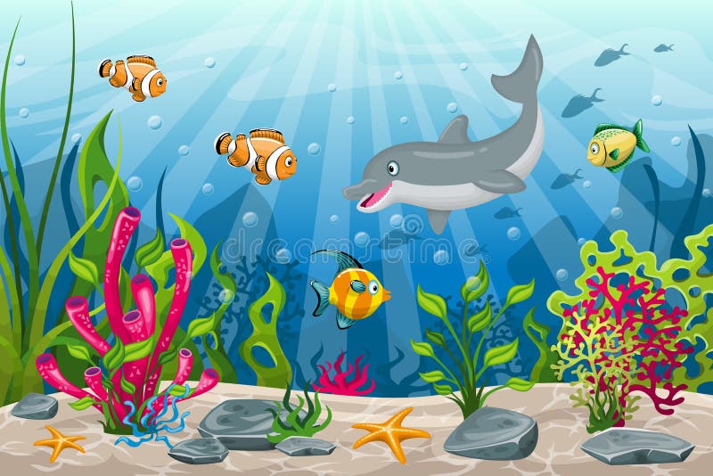 Underwater Landscape with Dolphin and Fish Stock Illustration ...