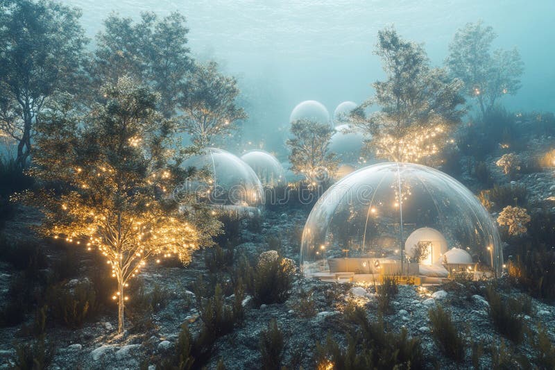 Underwater Landscape Featuring Glowing Trees and Transparent Bubbles ...