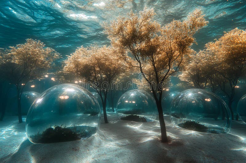 Underwater Landscape Featuring Glowing Trees and Transparent Bubbles ...