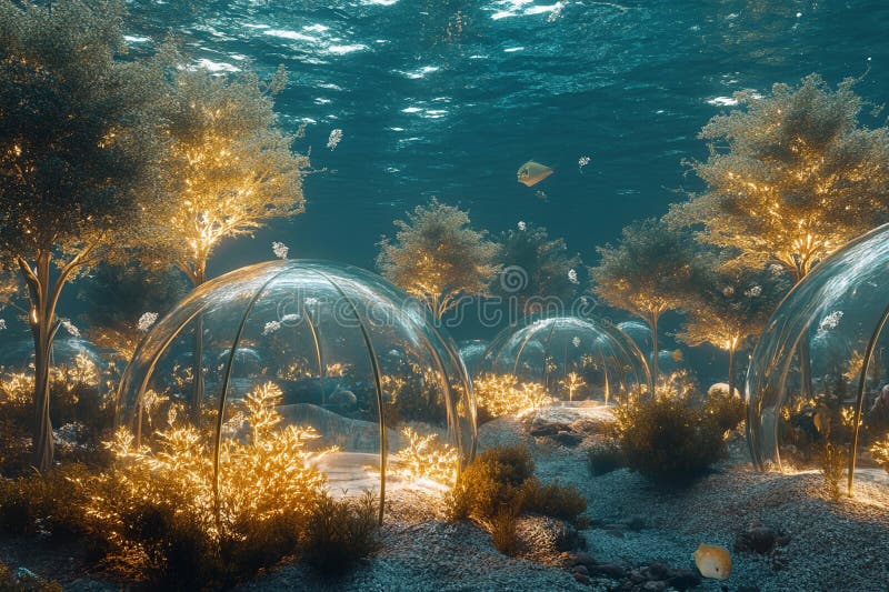 Underwater Landscape Featuring Glowing Trees and Transparent Bubbles ...