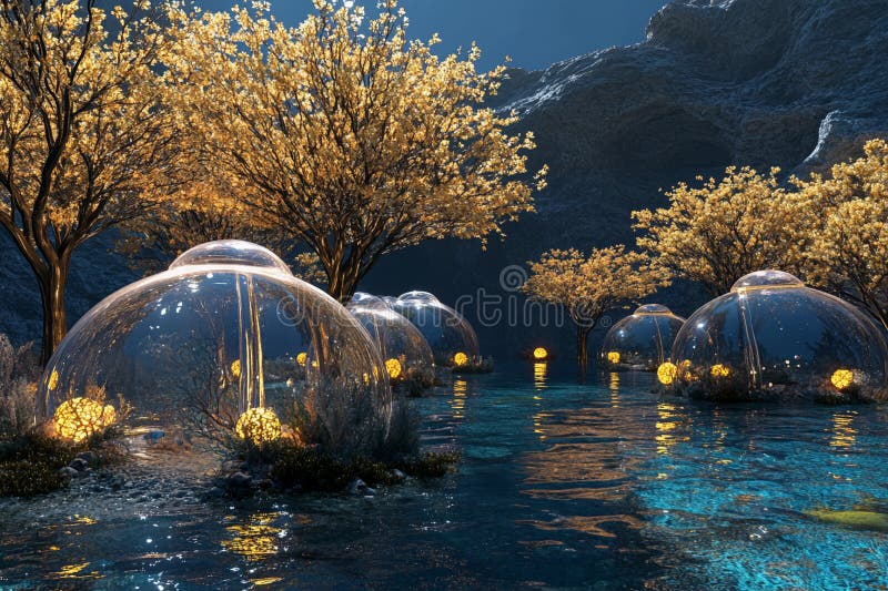 Underwater Landscape Featuring Glowing Trees and Transparent Bubbles ...