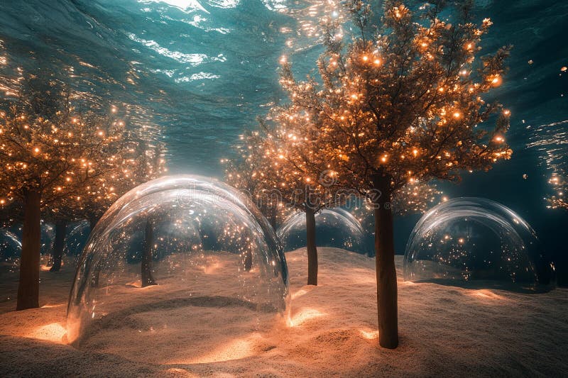 Underwater Landscape Featuring Glowing Trees and Transparent Bubbles ...