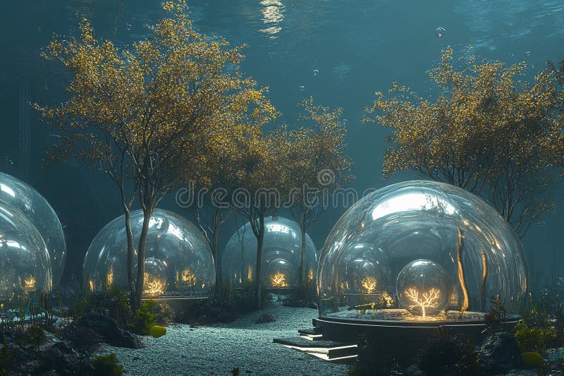 Underwater Landscape Featuring Glowing Trees and Transparent Bubbles ...