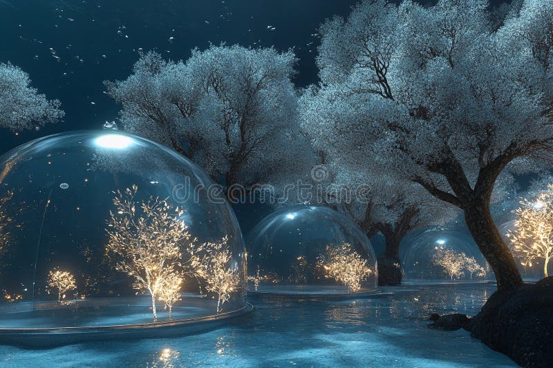Underwater Landscape Featuring Glowing Trees and Transparent Bubbles ...