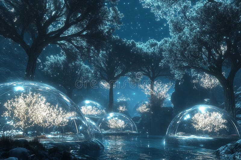 Underwater Landscape Featuring Glowing Trees and Transparent Bubbles ...