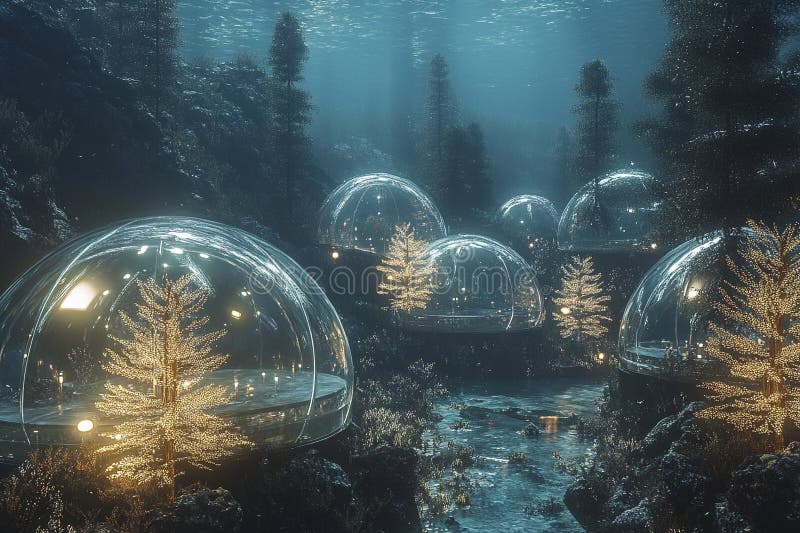 Underwater Landscape Featuring Glowing Trees and Transparent Bubbles ...