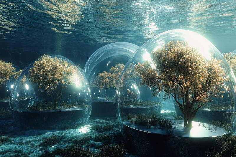 Underwater Landscape Featuring Glowing Trees and Transparent Bubbles ...