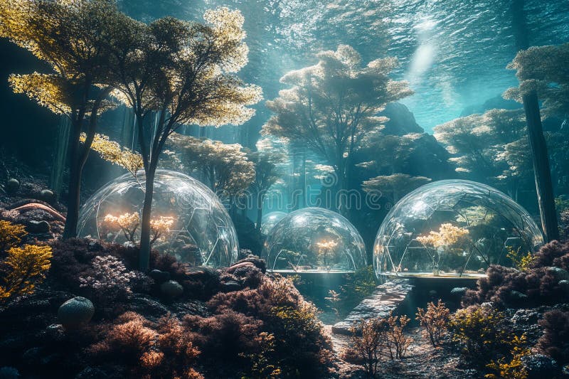 Underwater Landscape Featuring Glowing Trees and Transparent Bubbles ...