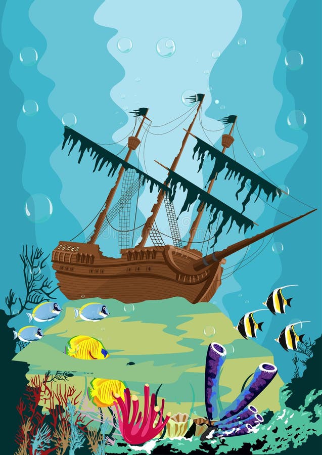 Underwater Landscape with Old Pirate Ship Stock Vector - Illustration ...