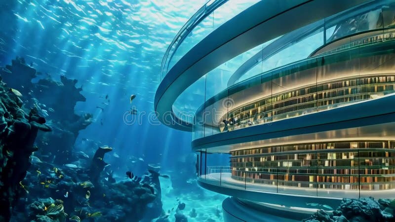 Underwater Library with Circular Design, Surrounded by Coral and Fish ...