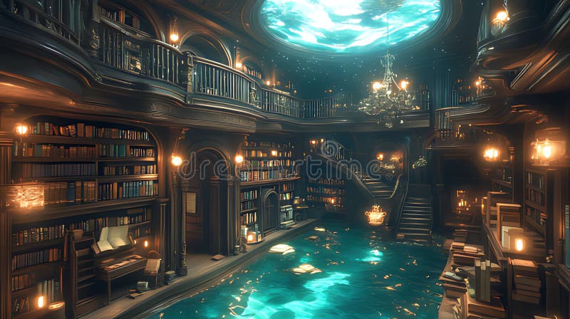 Underwater Library Interior Design, Mansion Pool, Bookshelves, Night ...