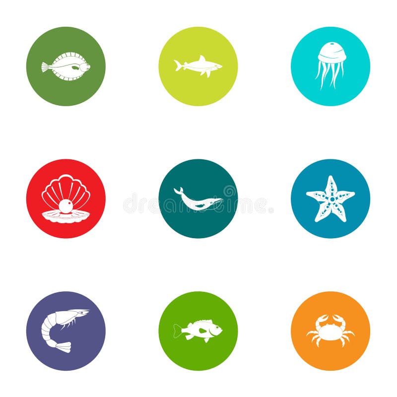 Underwater Life Icons Set, Flat Style Stock Vector - Illustration of ...