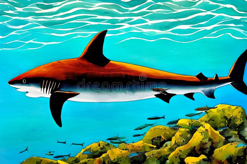 Underwater Life with a Shark Comic Style Stock Illustration ...