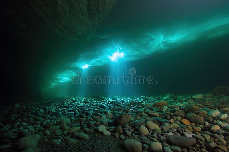Underwater Light Beams Illuminate Rocky Seabed in a Tranquil Cave ...