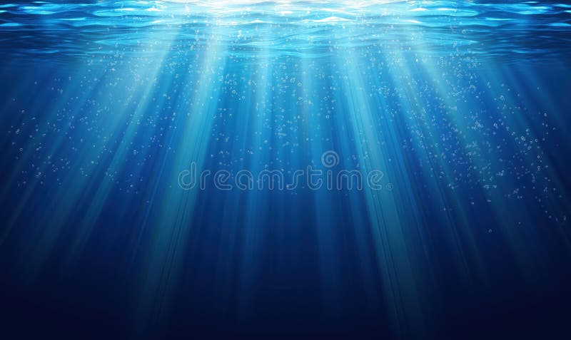 Underwater Light Rays Illuminating Blue Ocean Depths, Bubbles Floating ...