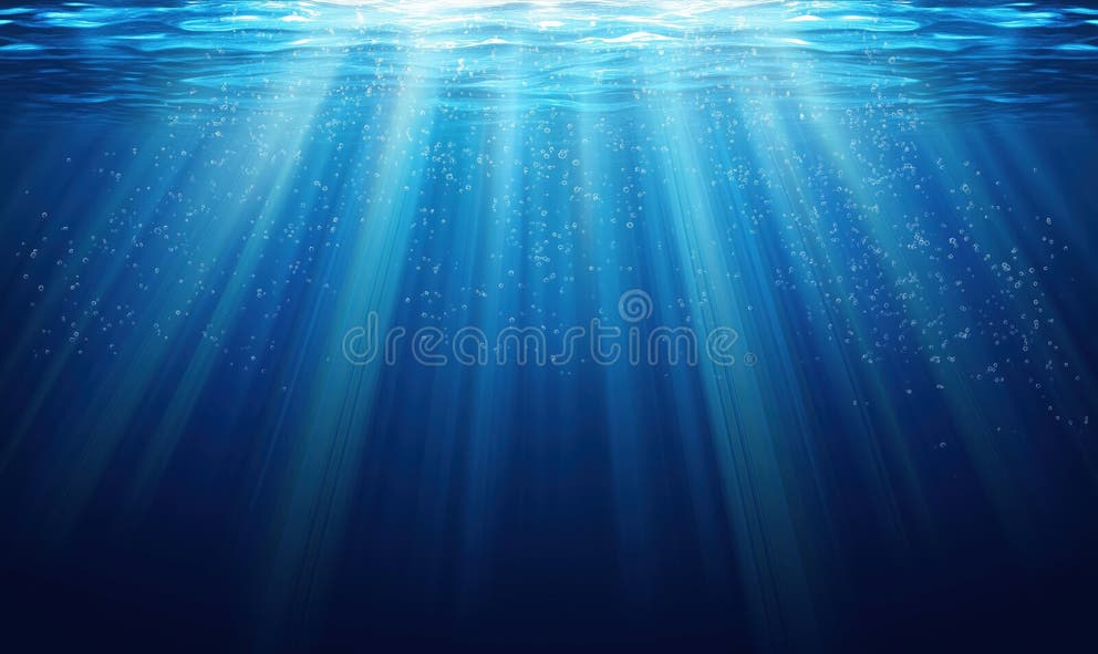 Underwater Light Rays Illuminating Blue Ocean Depths, Bubbles Floating ...