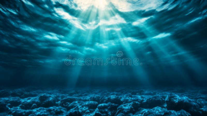 Underwater Light Rays Illuminating Deep Blue Ocean Surface with Calm ...