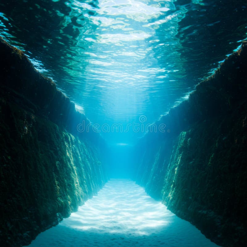 Underwater Light Tunnel through Dark Ocean Rocks Stock Illustration ...