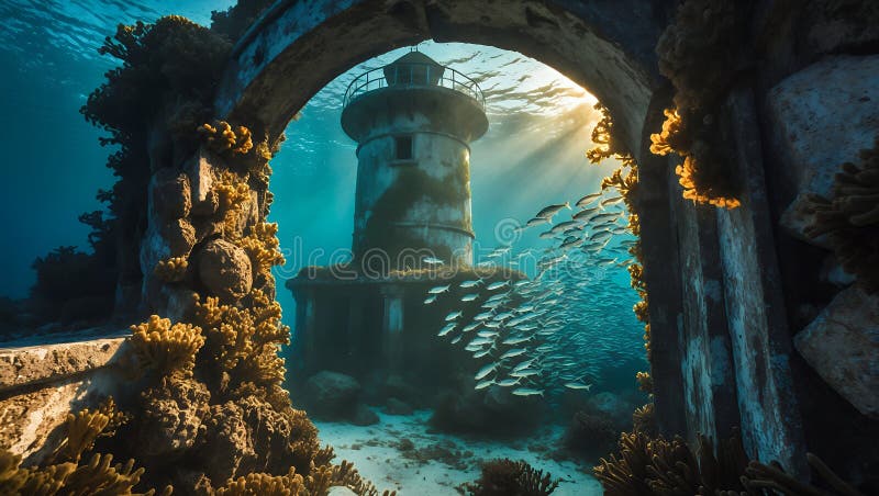 Sunken Lighthouse and Fish School Underwater Scene Stock Illustration ...