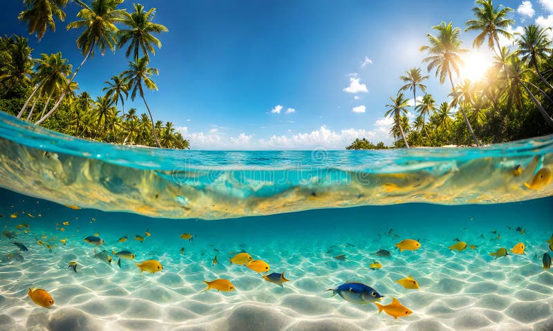 Underwater Magic: Split View of Sunlit Sea and Vibrant Underwater Scene ...