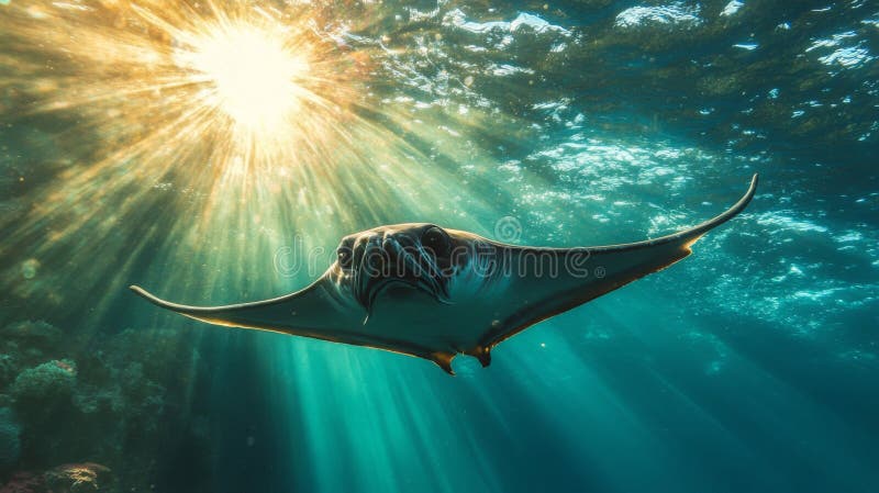 Underwater Manta Ray in Sunlit Ocean Stock Illustration - Illustration ...