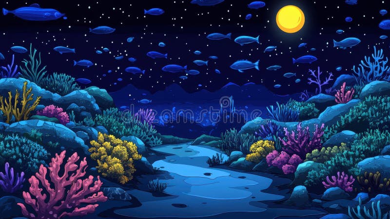 Underwater Moonlight Vibrant Coral Reef Scene with Schools of Fish ...