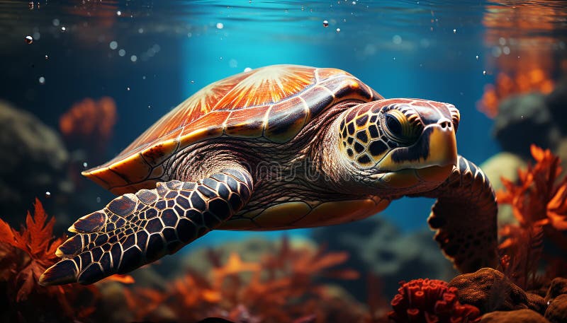 Underwater, a Multi Colored Sea Turtle Swims in the Reef Generated by ...